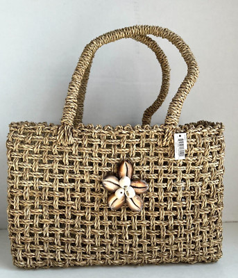 Wicker Straw Rectangle Tote Basket Bag with 3D Seashells & Handles | eBay