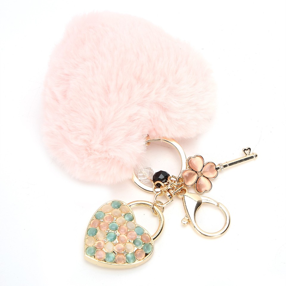 (pink+colorful) Heart Shaped Fluffy Plush Keychain Cute Bag Pendant For ...