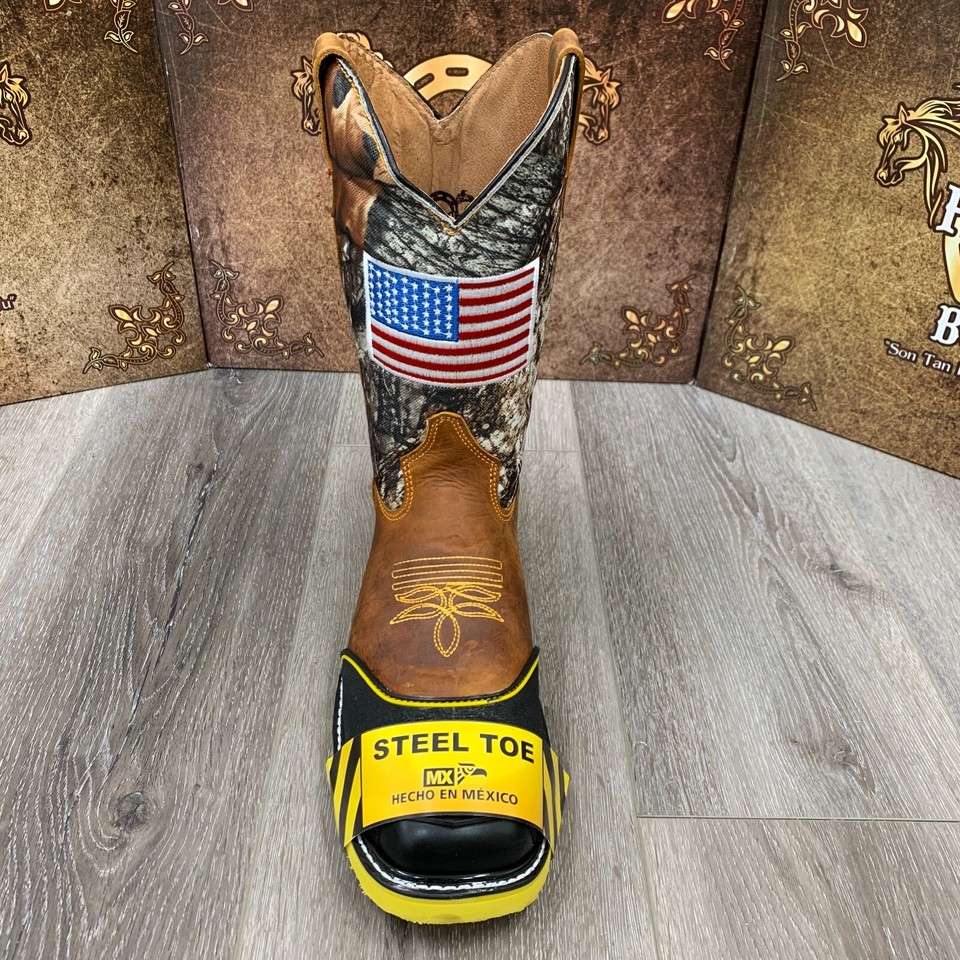 MEN'S SQUARE STEEL TOE WORK BOOTS GENUINE SOFT LEATHER COWBOY PULL ON ...