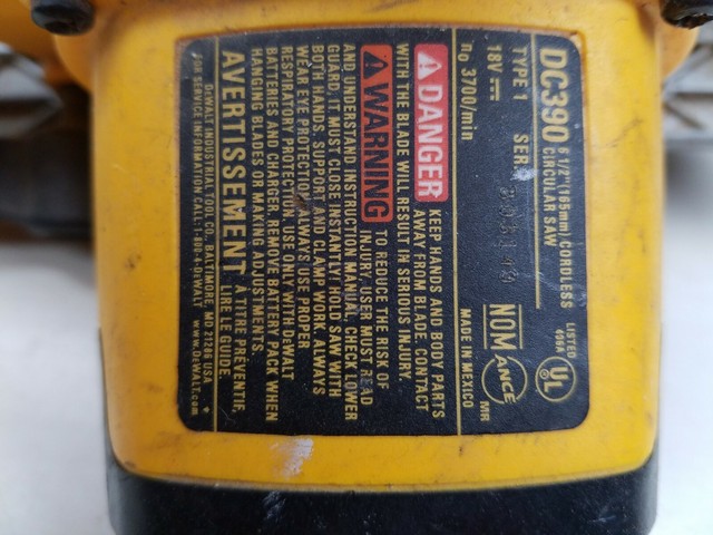 DEWALT DC390 Circular Saw 18v 18 Volt Cordless 6.5 Inch Battery for ...