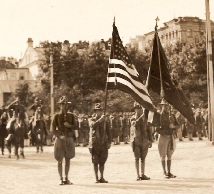 WW1 WWI US Army Colors and US Flag Parade Soldiers Patriotic RPPC Photo ...