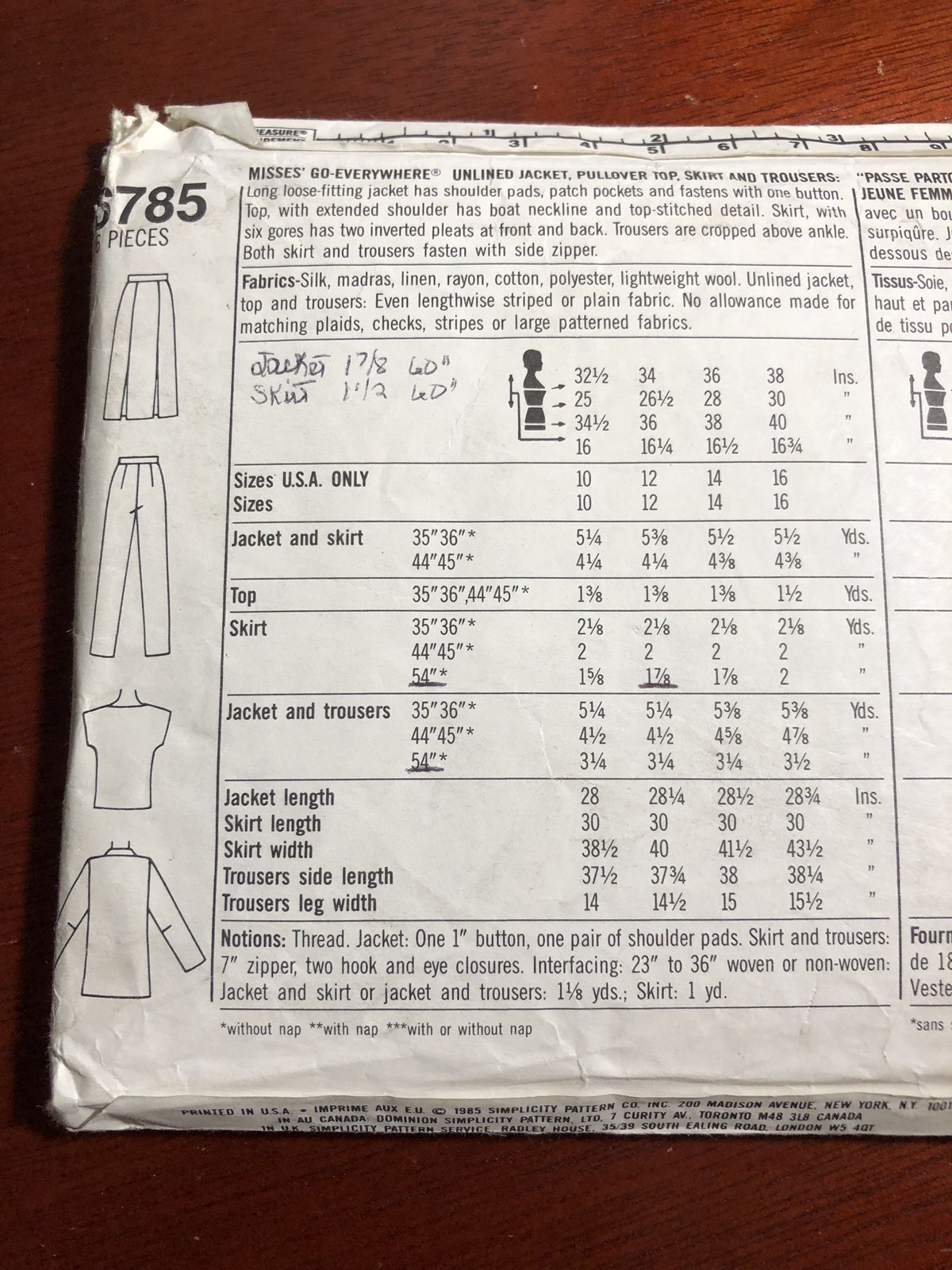 Patterns Sewing Year 1985 Womens By Simplicity Pattern Number 6785 SZS ...