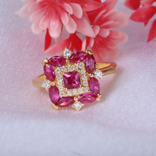 14k Yellow Gold Plated 2Ct Princess Cut Simulated Pink Ruby Classic ...
