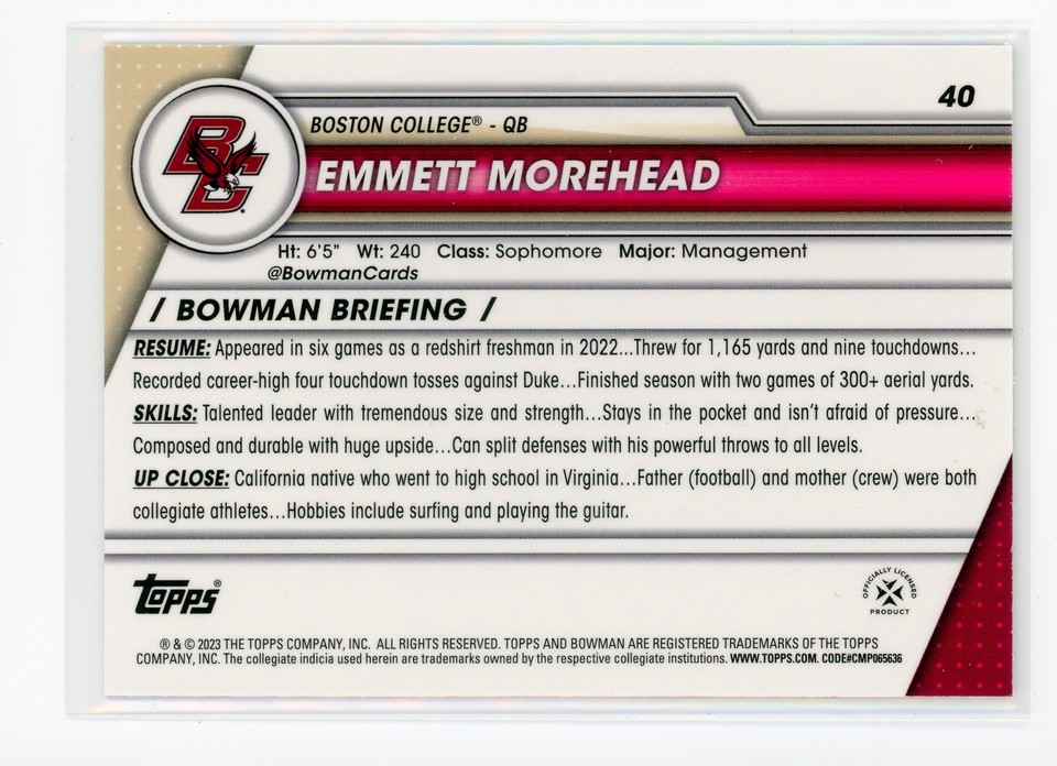 2023 Bowman University Chrome Emmett Morehead #40 1st Bowman Boston ...