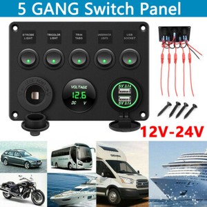 5 Gang 12V LED Light Switch Control Panel Voltmeter USB Charger Car ...