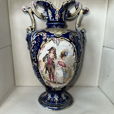 Antique Majolica Vase Two Handles Victorian Couple Scene Blue White ...