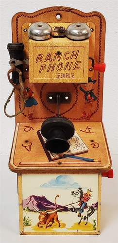 D-576 50'S GONG BELL MFG-"RANCH PHONE" 39R2 TOY-TIN WOOD LITHO CRANK ...