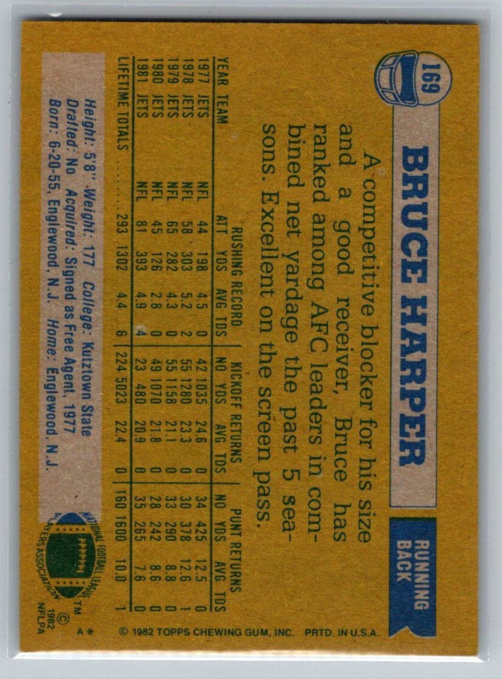 1982 NFL Topps #169 Bruce Harper New York Jets ex 82-TFBC | eBay