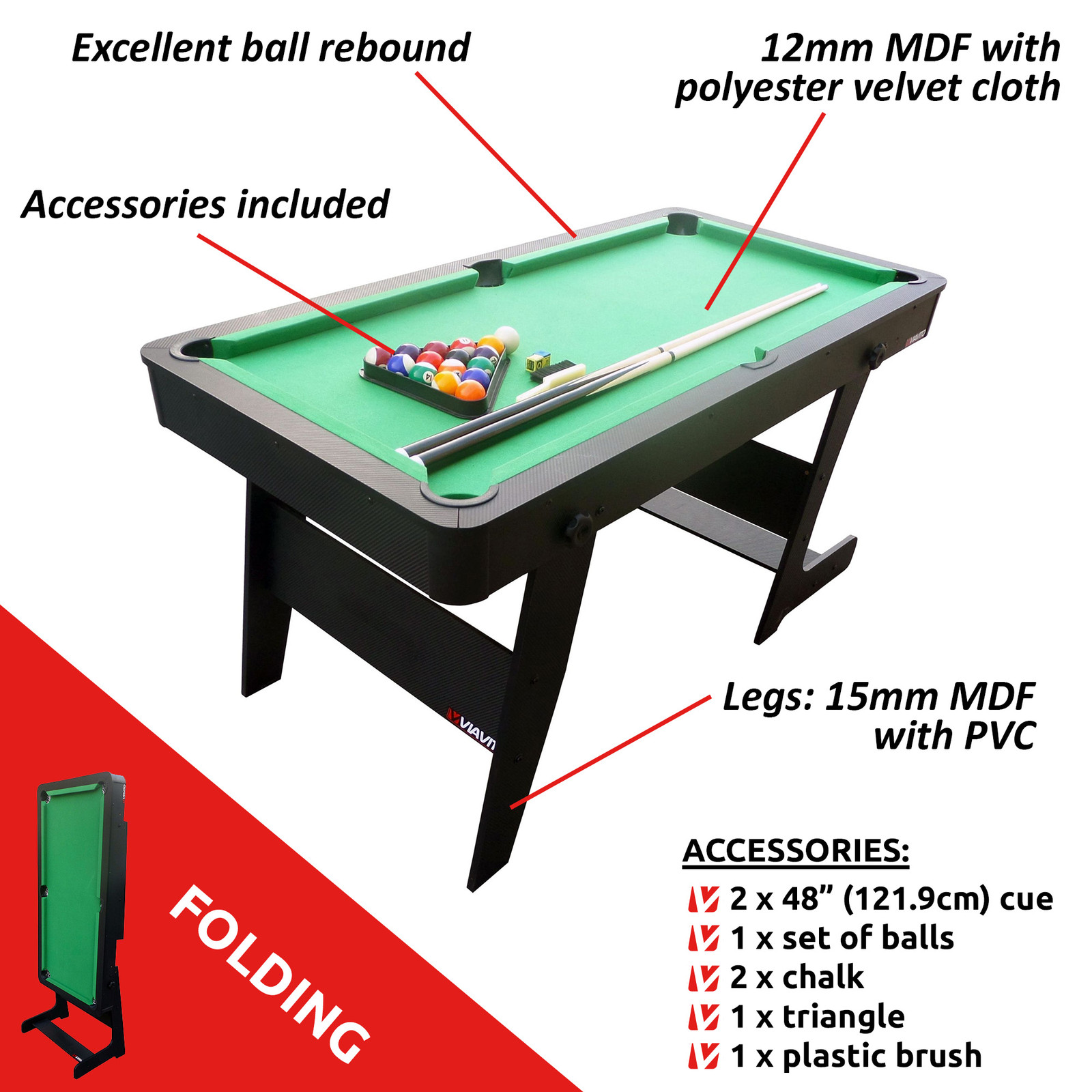 Viavito PT100X 5ft Sturdy Folding Pool Billiard Games Table with ...