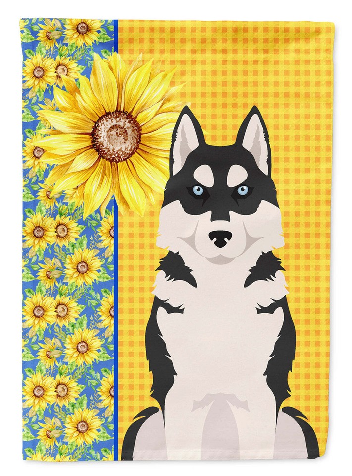 Caroline's Treasures Siberian Husky Sunflowers Black Flag Garden Size ...