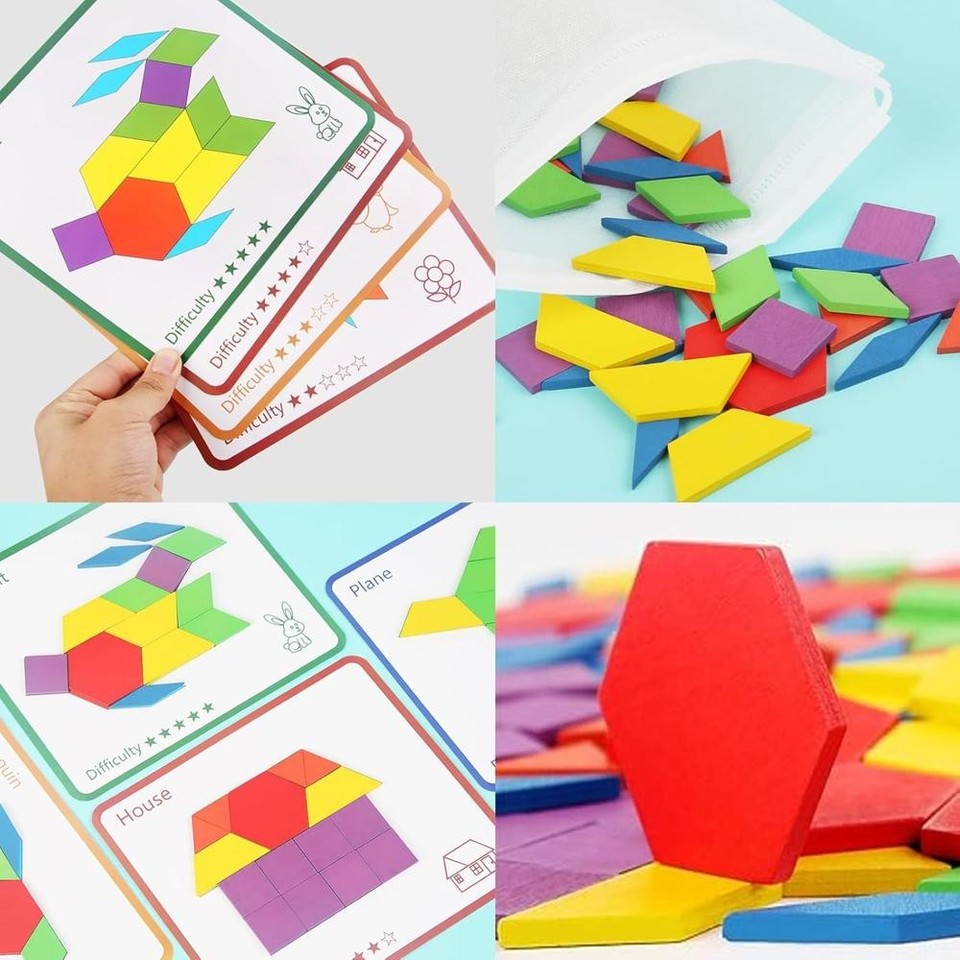 155 PCS Wooden Pattern Blocks Set, 24 Double-Sided Design Cards(48 ...