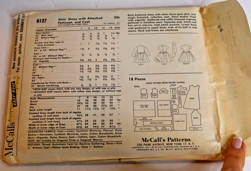Vintage McCall's 6137 Sewing Pattern - Size 12 - Girls' Dress Coat ...