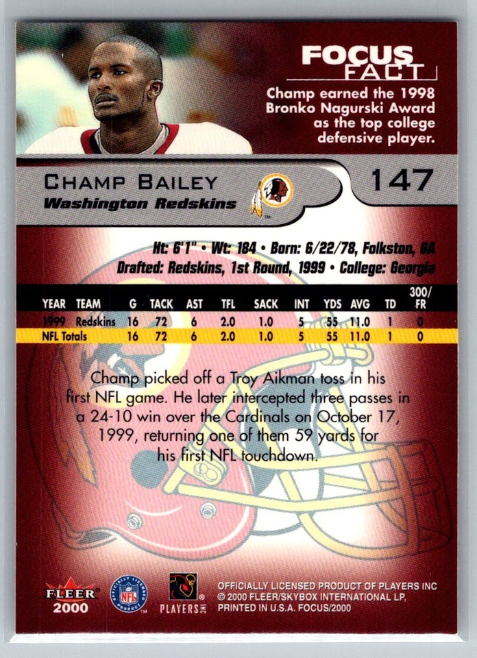 2000 Fleer Focus #147 Champ Bailey Washington Redskins Football Card | eBay
