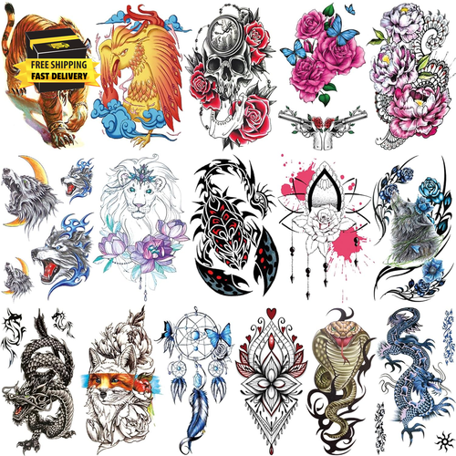 16 Sheets Colorful Realistic Temporary Tattoos for Men and Women, Half ...