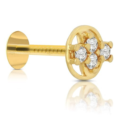 24K Yellow Gold Nose Ring Stone Design White Four Diamond Piercing Stud ...
