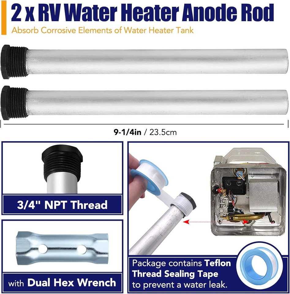 5Pack Water Heater Anode Rod & Flush Wand & Element Socket - 9.25"L x 3 ...