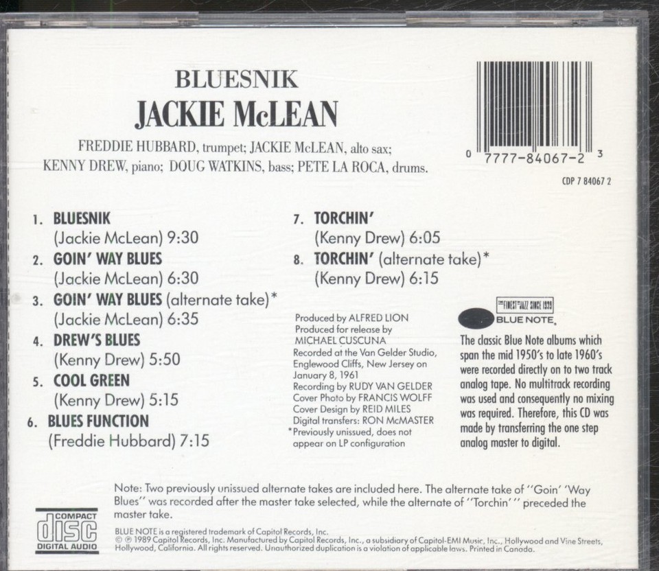 Jackie McLean Bluesnik CD USA Blue Note 1991 CDP7840672 | eBay