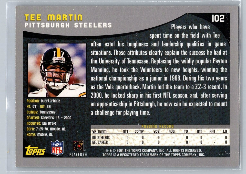 2001 TOPPS CARD # 102 Tee Martin - Pittsburgh Steelers | eBay