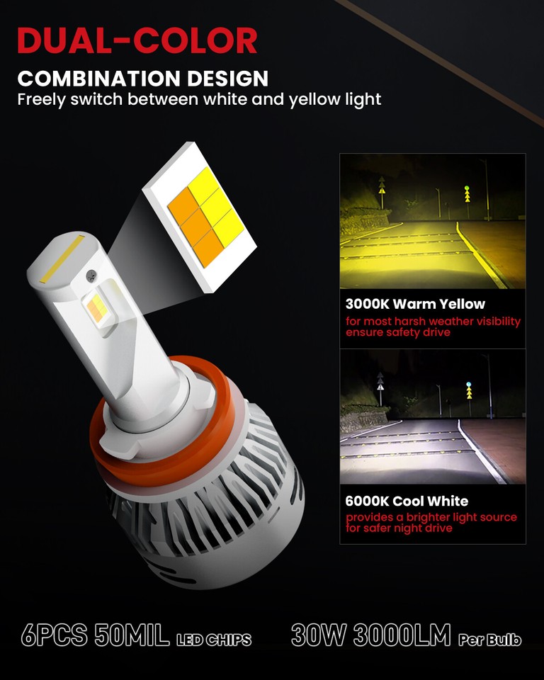 H11 LED Headlight Bulb Low Beam 6000LM Dual Color Switchback Yellow ...