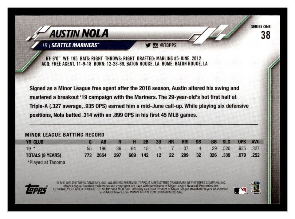 2020 Topps #38 Austin Nola - Seattle Mariners | eBay