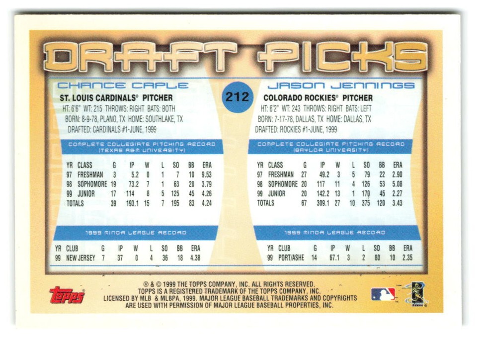 2000 Topps Chance Caple / Jason Jennings Rookie #212 BASEBALL Card | eBay