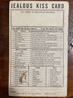 1942 WWII Military Jealous Kiss Post Card WW2 - Never Used | eBay