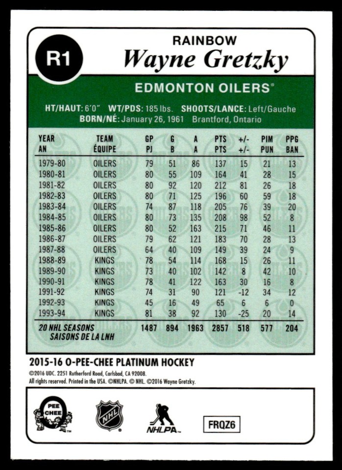 2015-16 O-Pee-Chee Platinum Retro RAINBOW Wayne Gretzky Edmonton Oilers ...