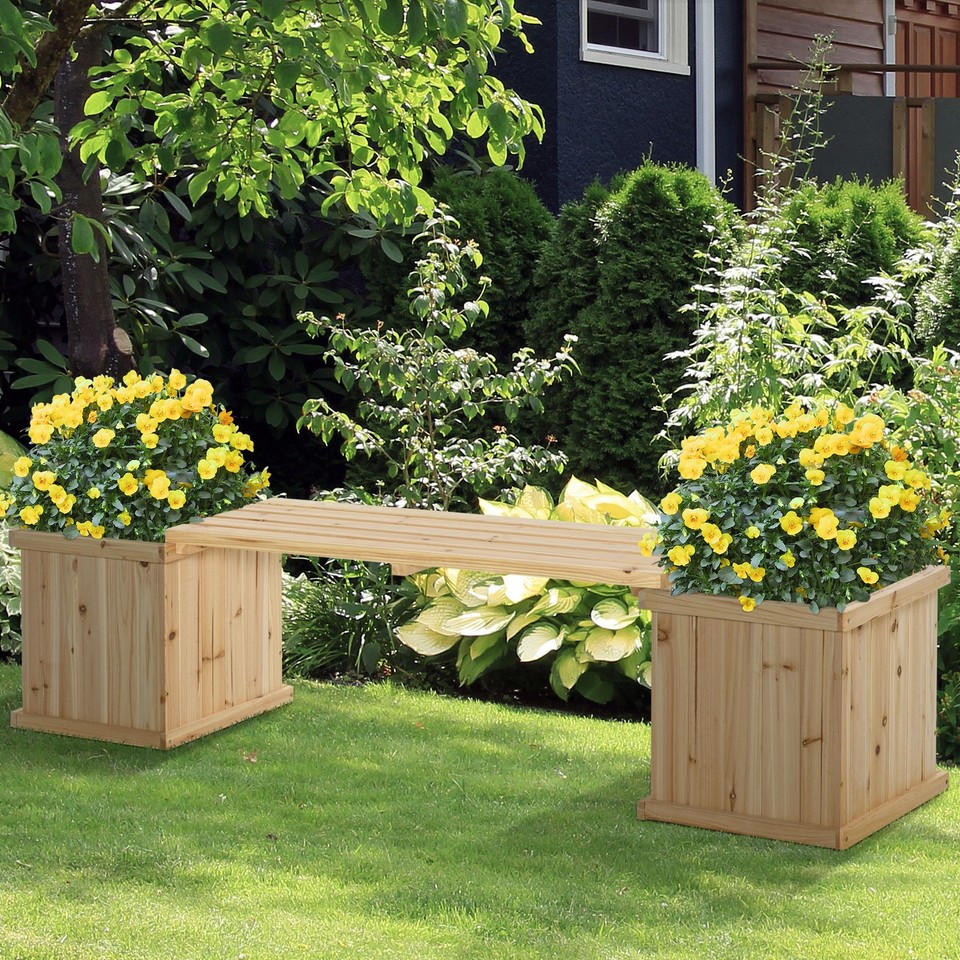 Outsunny Wooden Garden Planter & Bench Combination Garden Raised Bed ...