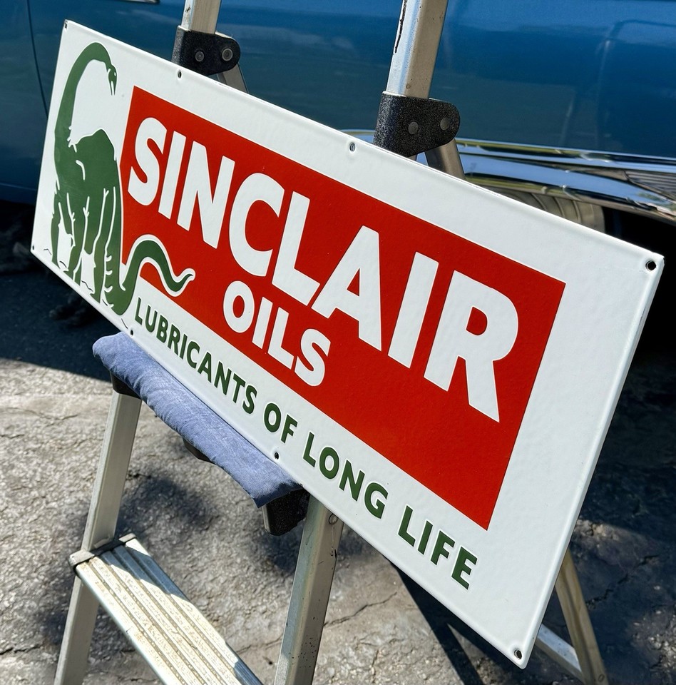 VINTAGE SINCLAIR OILS “ LUBRICANTS OF LONG LIFE” PORCELAIN SIGN, 36”x11 ...