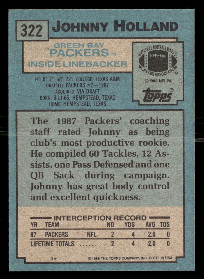 Johnny Holland 1988 Topps Rookie Card #322 Green Bay Packers | eBay