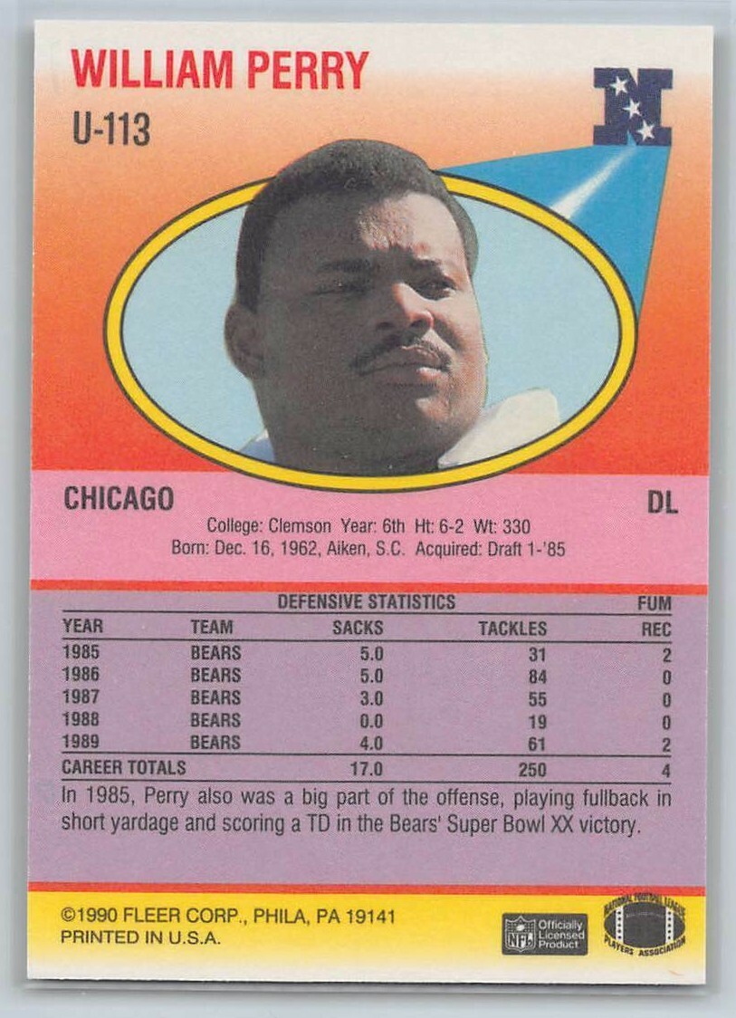 1990 WILLIAM PERRY - FLEER UPDATE Football Card #U-113 Chicago Bears ...