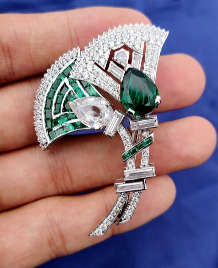 Vintage Art Deco Platinum Plated Emerald Pear Cut Emerald Flower Leaf ...
