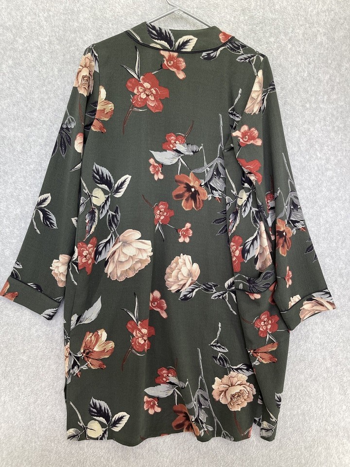 Sky and Sparrow Olive Green Floral Robe Open Front Cardigan Long Sleeve ...