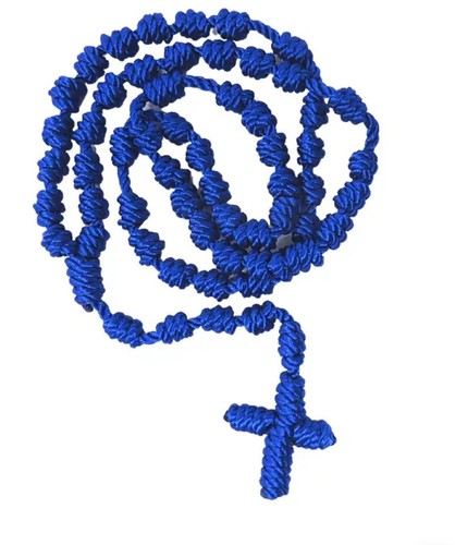 Religious Rosary Necklace Knotted Blue Cord Rope Catholic Handmade Gift ...