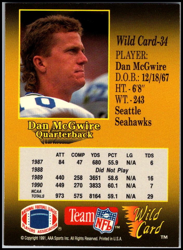1991 Wild Card #34 Dan McGwire - Rookie RC FREE SHIPPING! | eBay