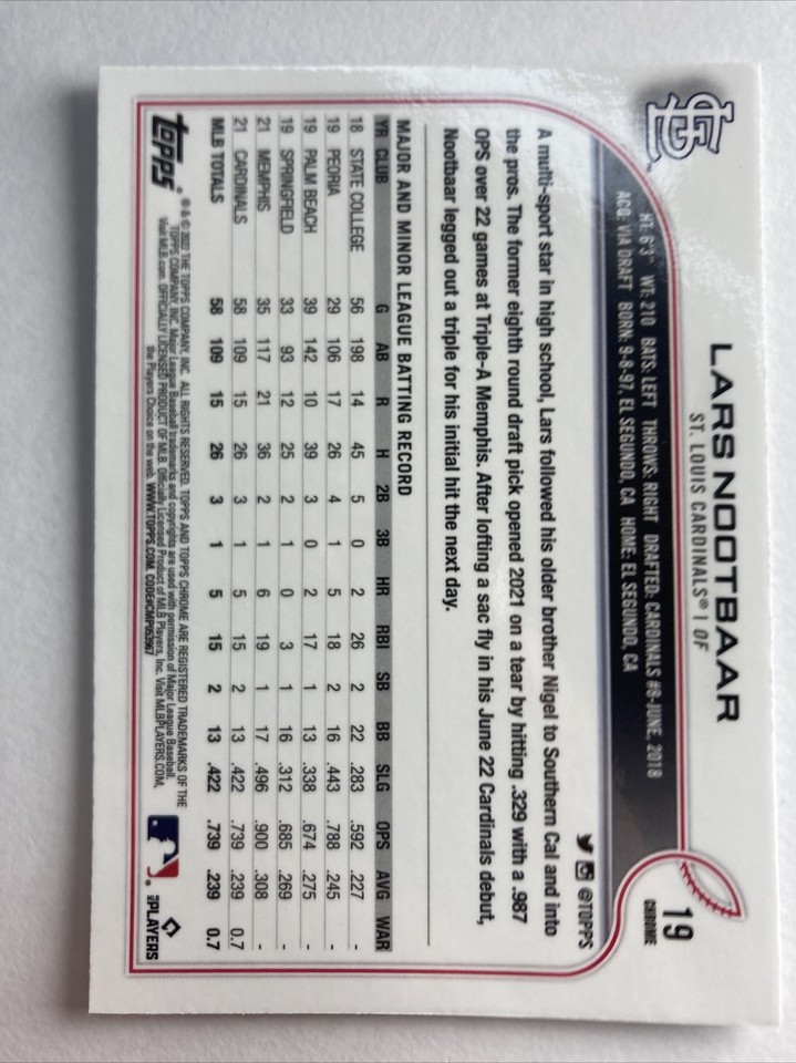 Lars Nootbaar Rookie Card RC 2022 Topps Chrome #19 St Louis Cardinals ...