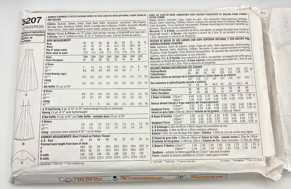 Simplicity Pattern 5207 Women's Evening Dress Two Lengths Size FF 18W ...