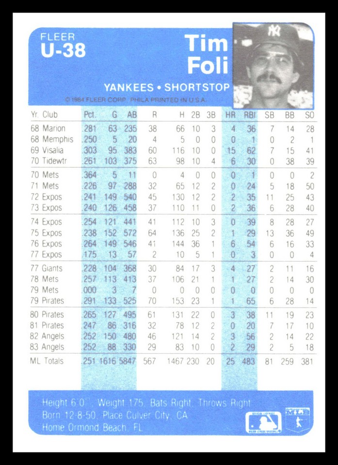 1984 Fleer Update Tim Foli #U-38 New York Yankees 1HH | eBay