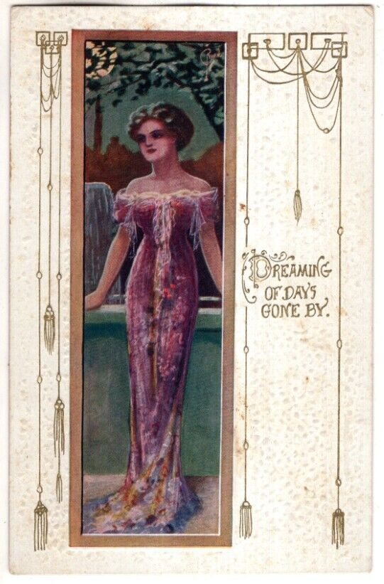 ANTIQUE Postcard "DREAMING OF DAYS GONE BY" - YOUNG LADY | eBay