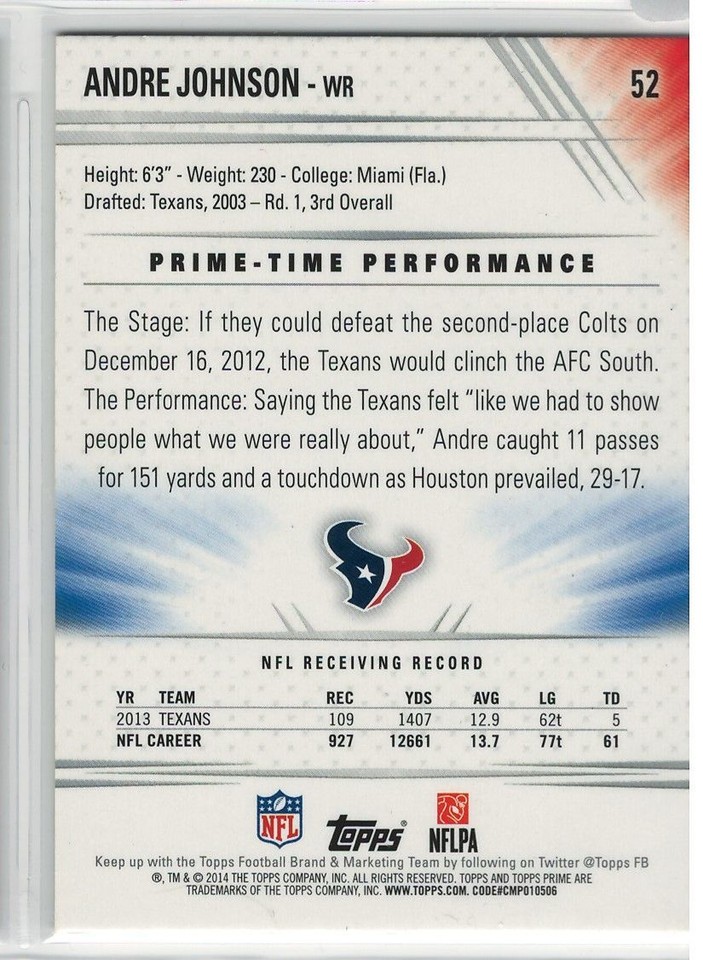 2014 Topps Prime #52 Andre Johnson Texans | eBay