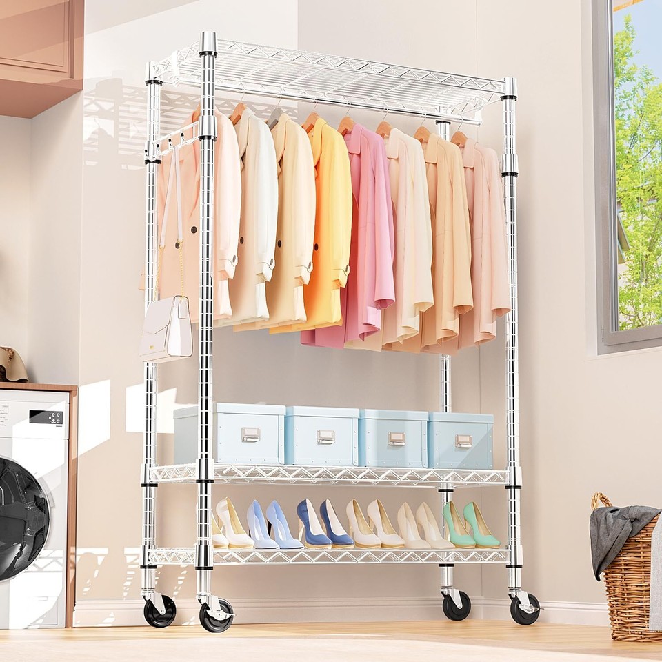3 Tier Rolling Garment Rack 1 Rod Heavy Duty Clothes Rack Wheels Chrome ...