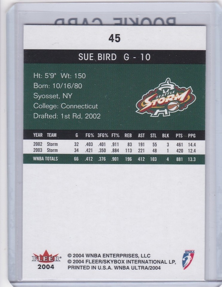 SUE BIRD ROOKIE CARD 2004 Fleer Ultra UCONN Basketball SEATTLE STORM ...