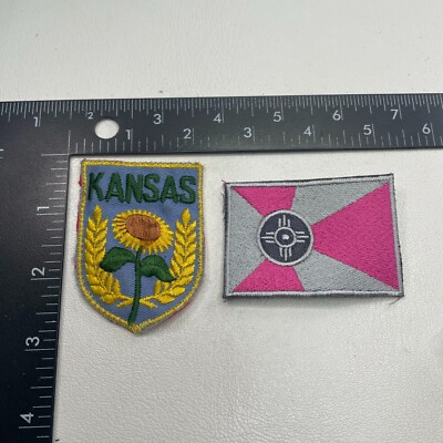 1 VINTAGE Kansas Sunflower Patch +1 THICK (cut from hat) WICHITA FLAG ...