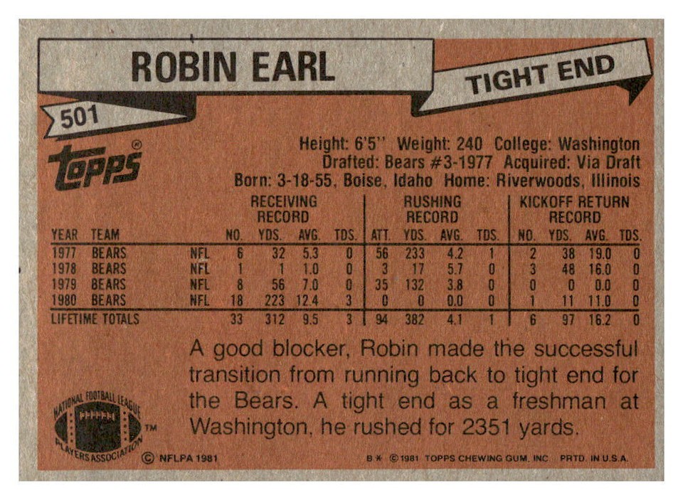 1981 Topps #501 Robin Earl Chicago Bears Football Card VG/EX | eBay
