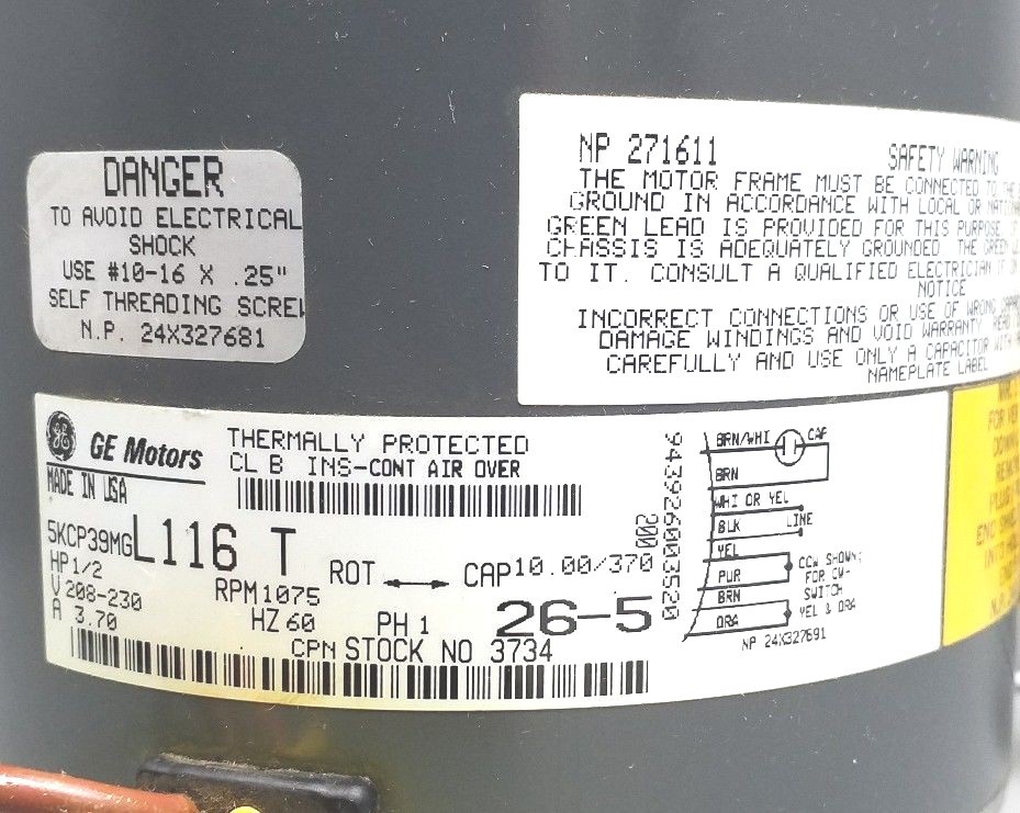 GE 5KCP MOTOR 1075RPM 1/2HP 1PH GENERAL ELECTRIC 5KCP39MGL116T CARRIER ...