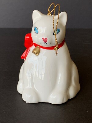 Silvestri white cat bell Christmas ornament Blue eyes Red bow | eBay