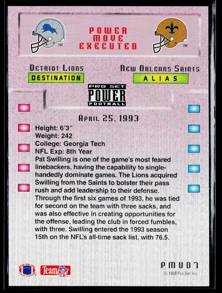 Pat Swilling 1993 Pro Set Power Update: Power Moves Gold #PMUD7 Detroit ...