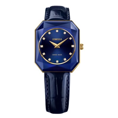 FACET RADIANT Radiant-Cut Gold Plated Swiss Quartz Watch 15mm Band Blue ...