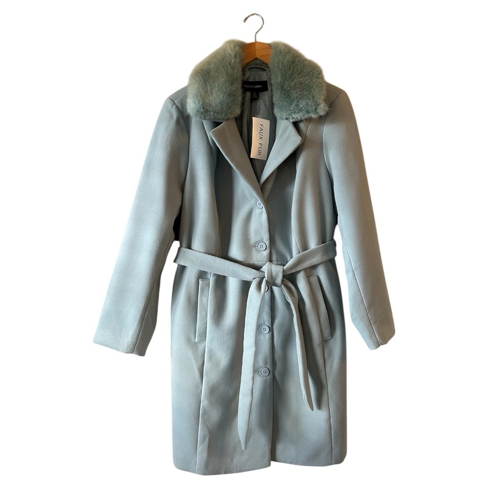 COLLEEN LOPEZ Blue Belted Winter Coat Removable Faux Fur Collar Sz 2X ...