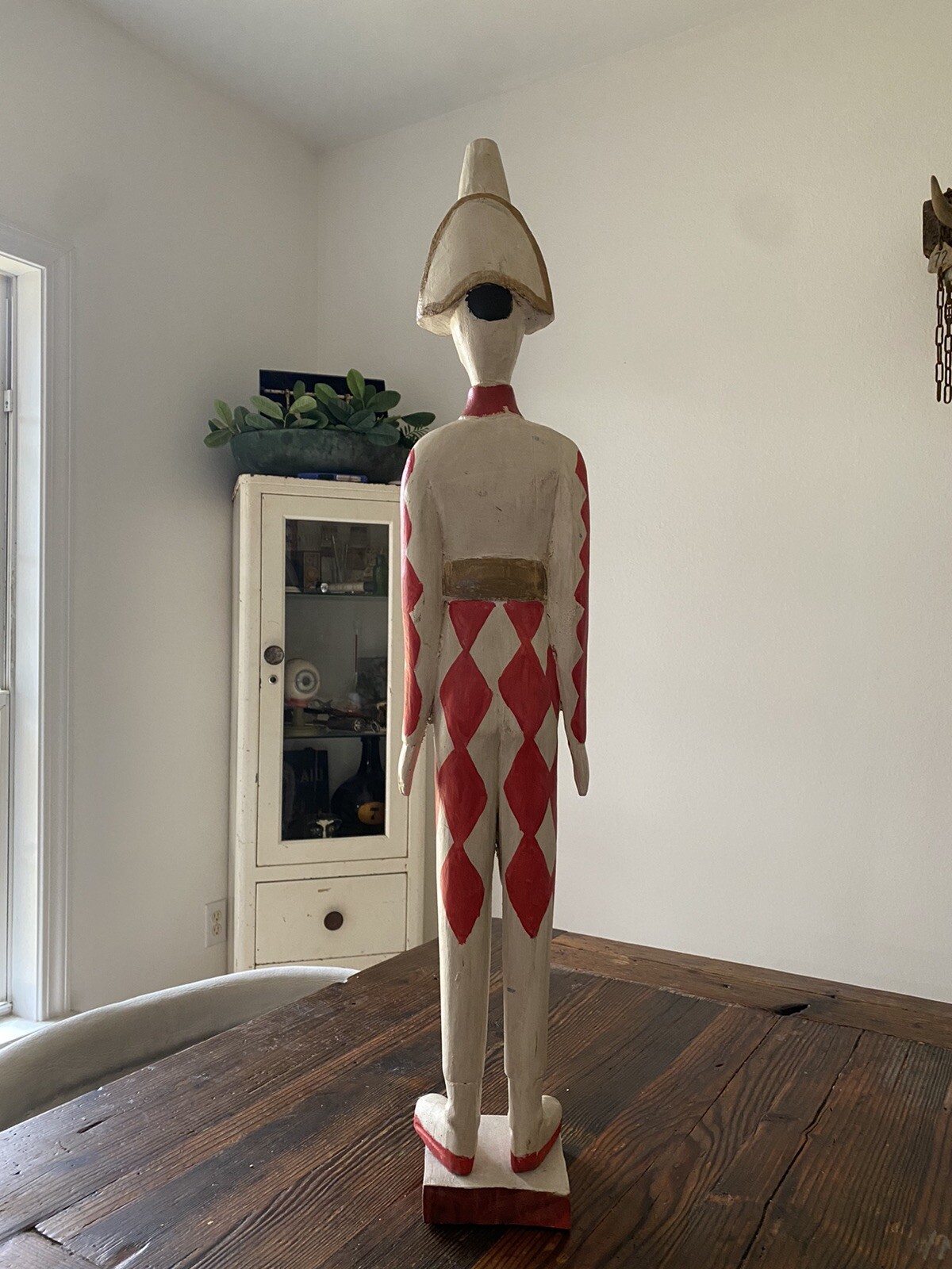 Large Hand Painted Wood Harlequin Jester Folk Art Statue Figurine ...